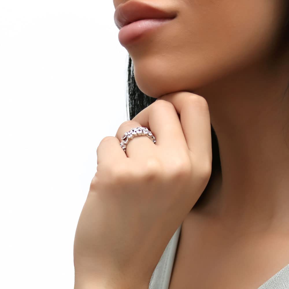 BERRICLE Sterling Silver Cluster Pear Cut Cubic Zirconia CZ Statement Fashion Anniversary Eternity Ring for Women, Rhodium Plated Size 9