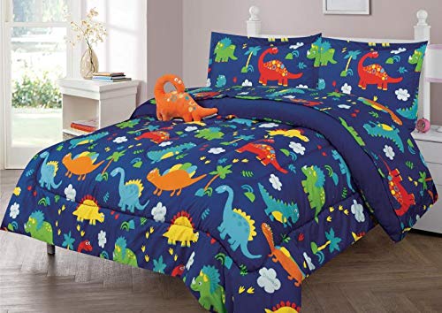 Bedding Haus Twin Kids Comforter Bedding Set (6pc), Multi-Color Dinosaur Design, Fun and Bright Bed Covers Boy Girl Kids, Comforter, Pillow Sham, Toy Pillow, 3pc Sheet Set, Twin 6pc Dino Multi