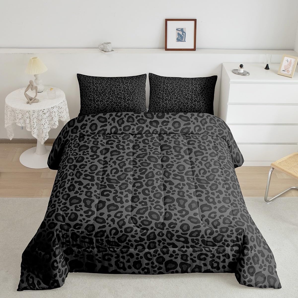 Castle Fairy Gray Wild Animal Skin Boys Girls Comforter Set Full Size,Leopard Print Duvet Set Teens Bedroom Decor,African Cheetah Wildlife Microfiber Soft Bedding