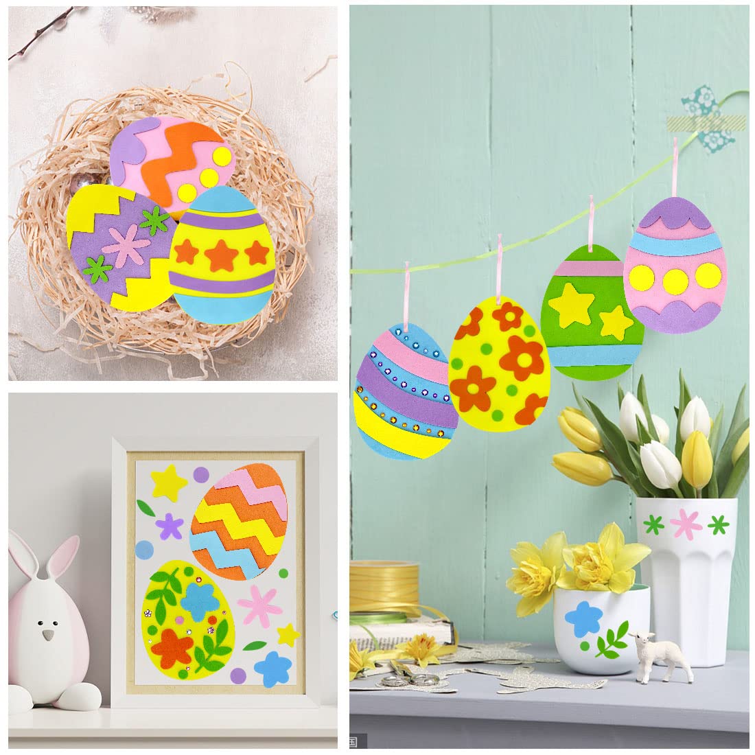 Hifunwu 24 Pcs Foam Easter Eggs for Crafts Easter Foam Crafts Stickers Set with Rhinestones Easter Crafts Party Favors Supplies