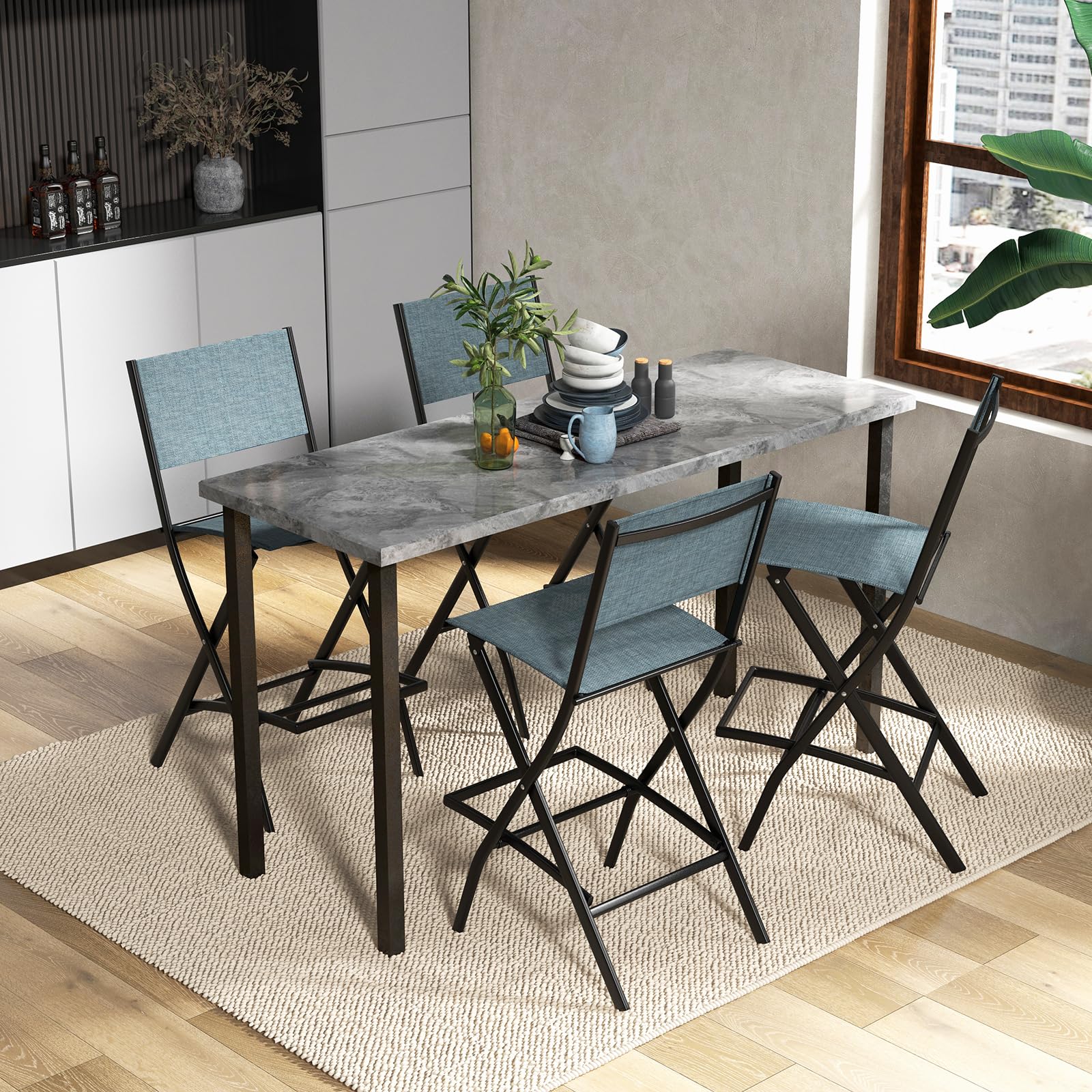 Giantex Folding Patio Bar Chairs Set of 4, Outdoor Counter Height Bar Stools with Footrest & Back, All-Weather Textilene, Metal Frame, for Porch Deck Lawn Garden, Light Blue