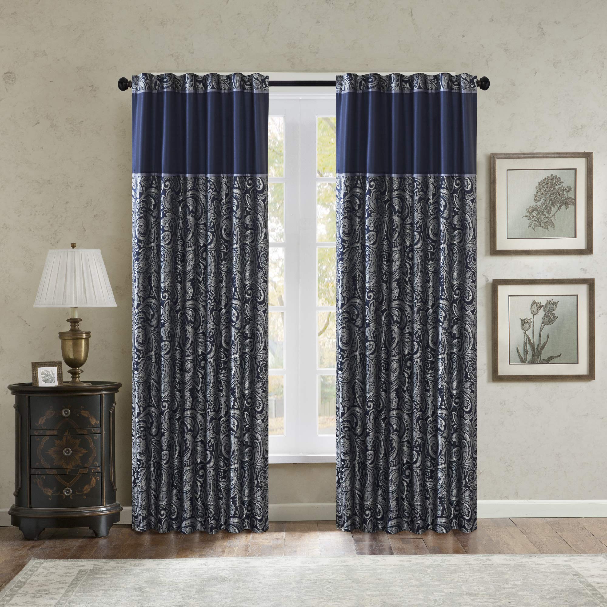 Madison Park Aubrey Bedding and Curtain Set - 12 Piece King Size Navy Blue Paisley Design