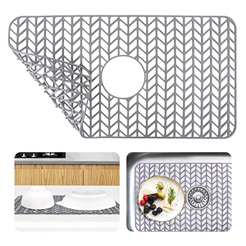 CNDSE Sink Protectors for Kitchen Sink 26'' x 14'', Non-slip Silicone Sink Mats for Bottom of Kitchen Sink,Grey Kitchen Sink Mats for Farmhouse Stainless Steel Ceramic Sink,Center Hole Sink Mat(2)