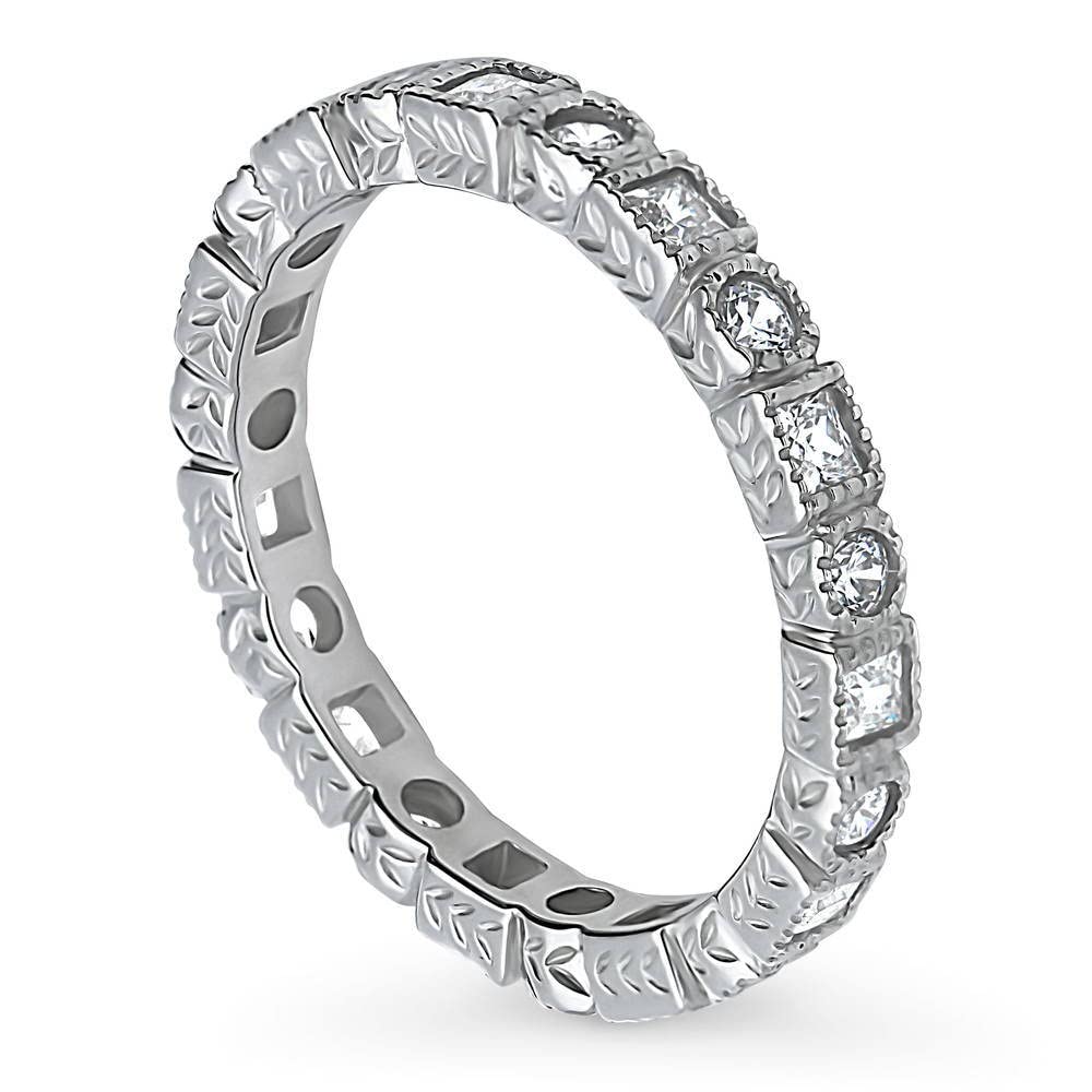 BERRICLE Sterling Silver Art Deco Wedding Rings Milgrain Bezel Set Cubic Zirconia CZ Anniversary Eternity Ring for Women, Rhodium Plated Size 6
