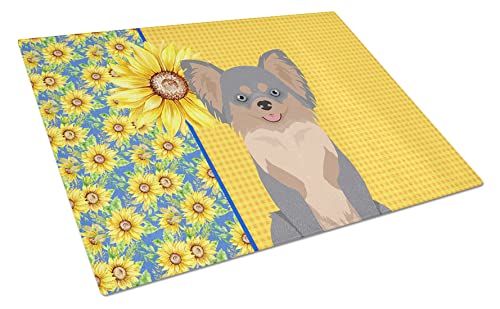 Caroline's Treasures WDK5358LCB Summer Sunflowers Longhaired Blue and Tan Chihuahua Glass Cutting Board Large Decorative Tempered Glass Kitchen Cutting and Serving Board Large Size Chopping Board