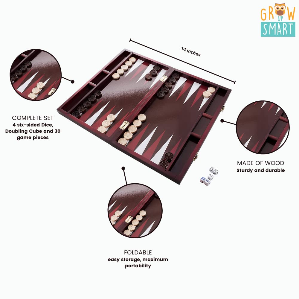 Backgammon Set by Classic 14" Folding Wooden Board Game with 30 Checkers, Doubling Cube, Dice