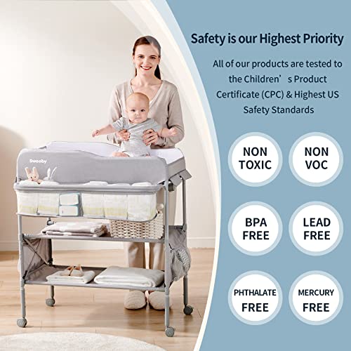 Sweeby Portable Baby Changing Table, Foldable Changing Table Dresser Changing Station for Infant, Waterproof Diaper Changing Table Pad Topper, Mobile Nursery Organizer for Newborn Essentials (Grey)