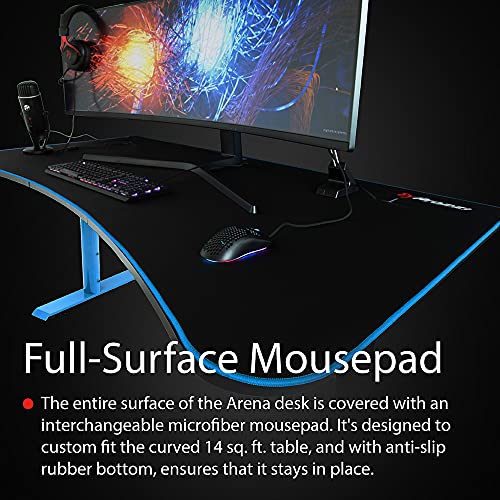 Arozzi Arena Ultrawide Curved Gaming and Office Desk with Full Surface Water Resistant Desk Mat Custom Monitor Mount Cable Management Cut Outs Under The Desk Cable Management Netting - Blue