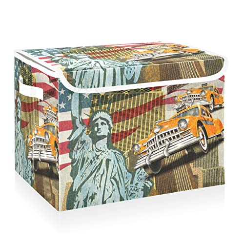 CaTaKu New York Truck Storage Bins with Lids Fabric Large Storage Container Cube Basket with Handle Decorative Storage Boxes for Organizing Clothes Shelves
