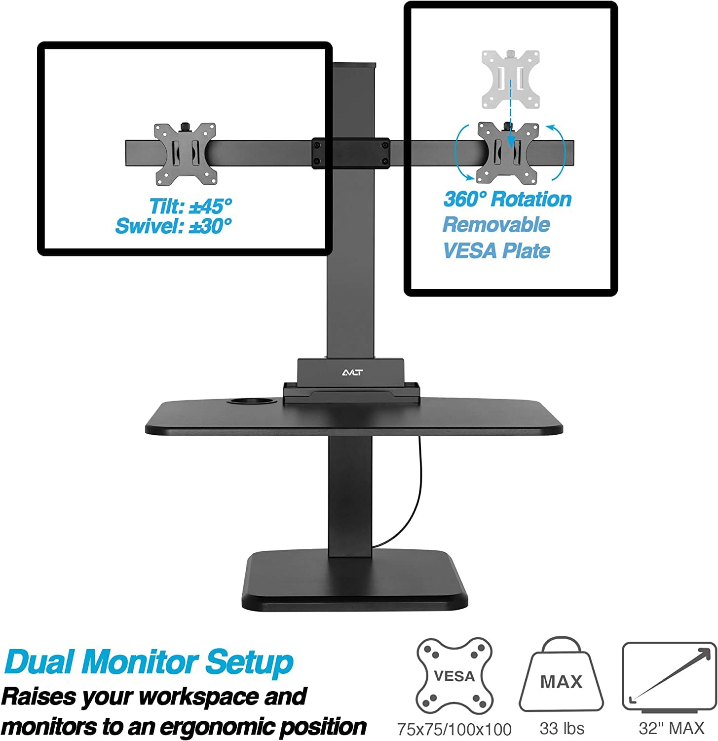 AVLT Dual 32" Monitor Gas Spring Height Adjustable Standing Desk Converter with 28"x 18.9" Spacious Worksurface Sit to Stand Table Sturdy Small Footprint