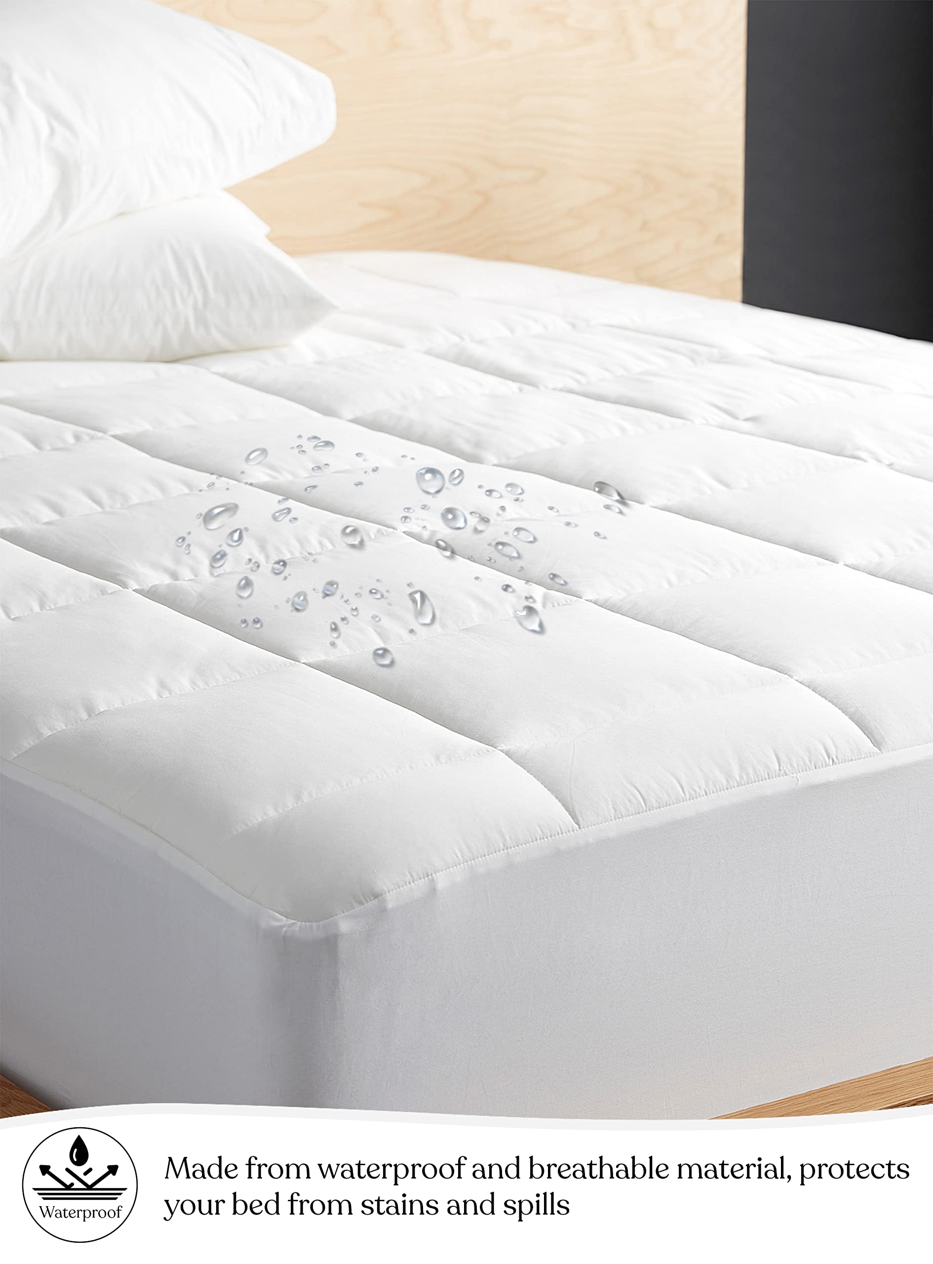 Delara 100% Waterproof 2 IN 1 Mattress Protector & Mattress Pad -Quilted Fitted Down Alternative Mattress Pad Cover, Waterproof Membrane, GOTS Certified Breathable Organic Cotton Shell 18" Deep Pocket