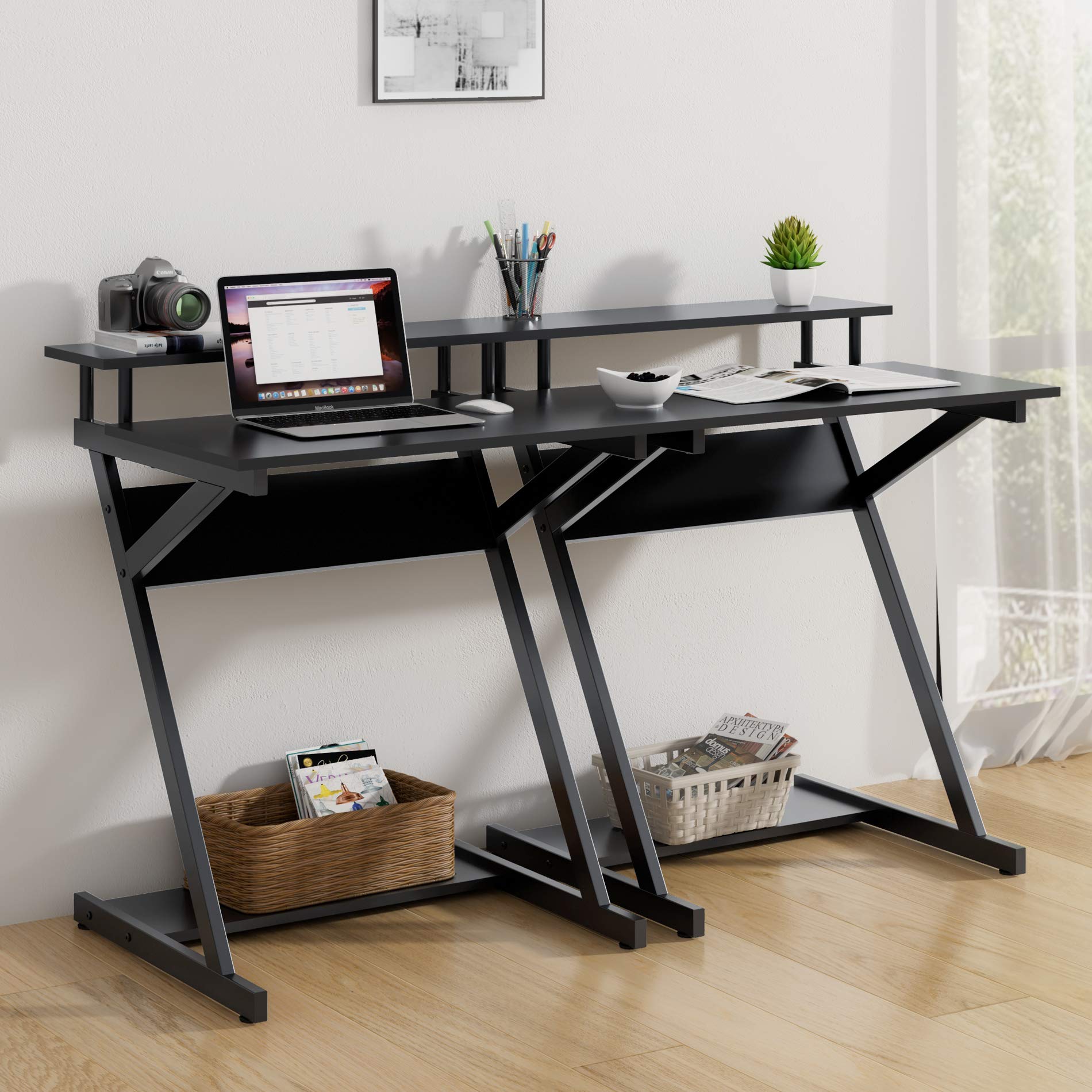FITUEYES Computer Desk for Small Spaces,27.6" Z-Shaped Compact Study Table with Monitor & Bottom Shelves for Home Office, Black