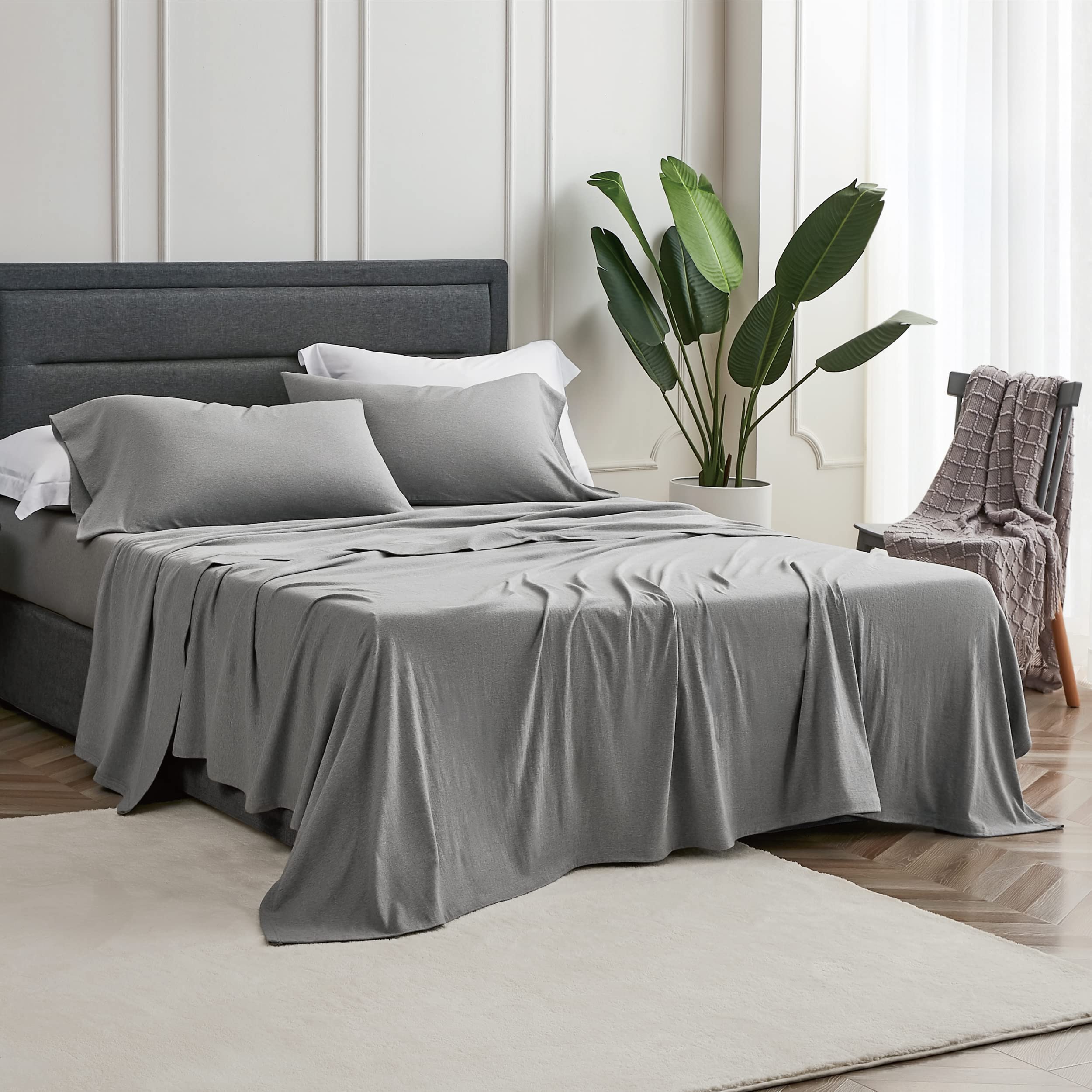 Bedsure Jersey Knit Sheets Queen Set - 100% Cotton T Shirt Bed Sheets for Queen Size Bed, Light Grey, 4 PC Cotton Stretchy Sheets