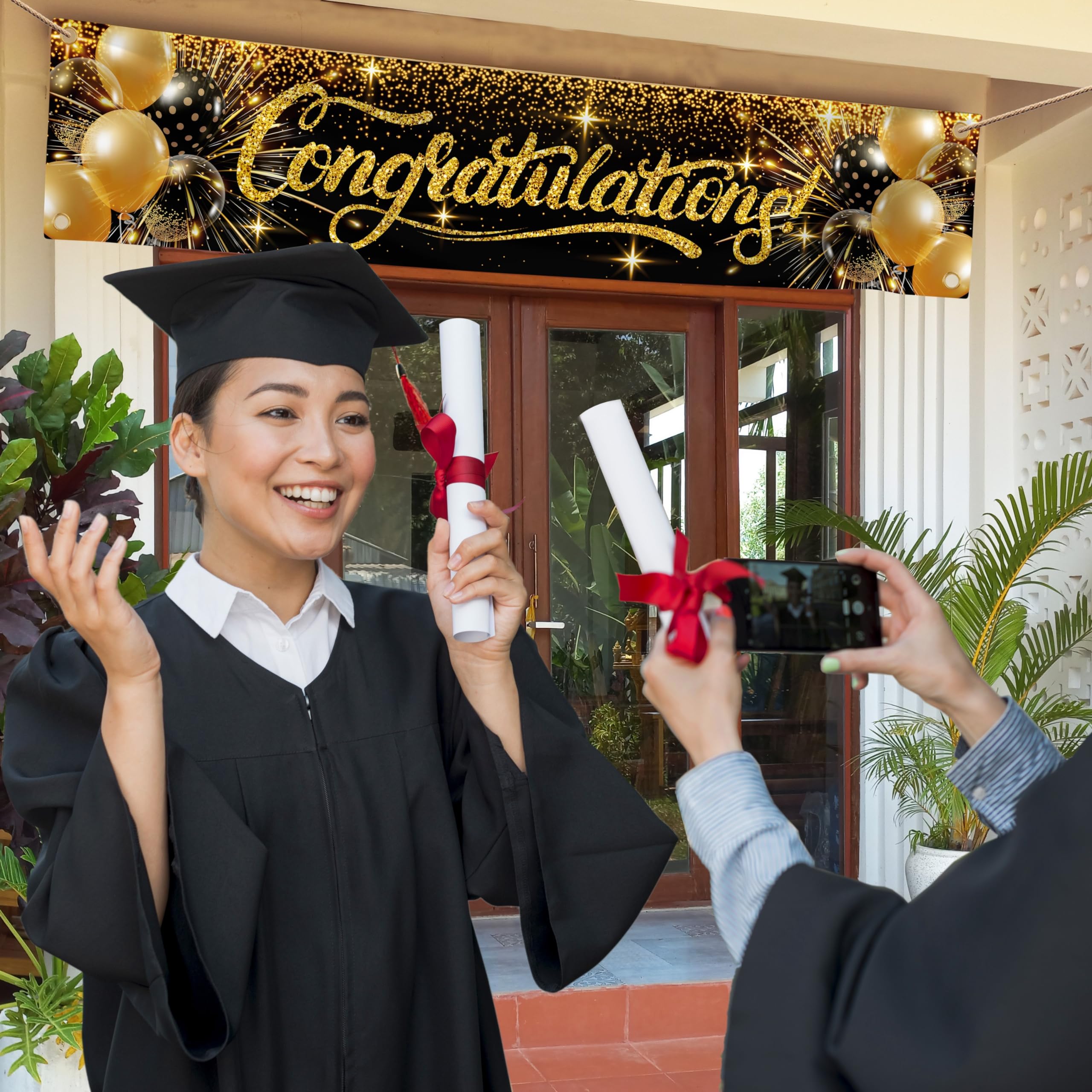 Congratulations Banner - Congratulations Decorations - We are so Proud of You banner - Well Done Banner - Graduation Banner - Graduation Decorations for Prom - 6 x 1.3ft (Black and Gold)