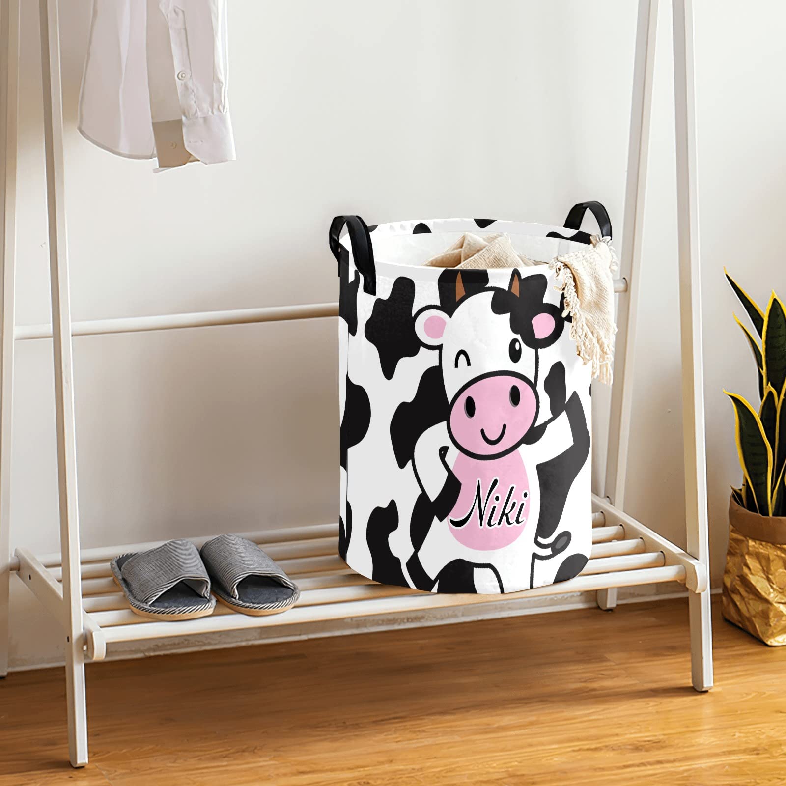 Black Lovely Cow Print Laundry Hamper Personalized with Name Canvas Waterproof Storage Bin with Handle for Kids Nursery Hamper Gift Baskets Home Organizer