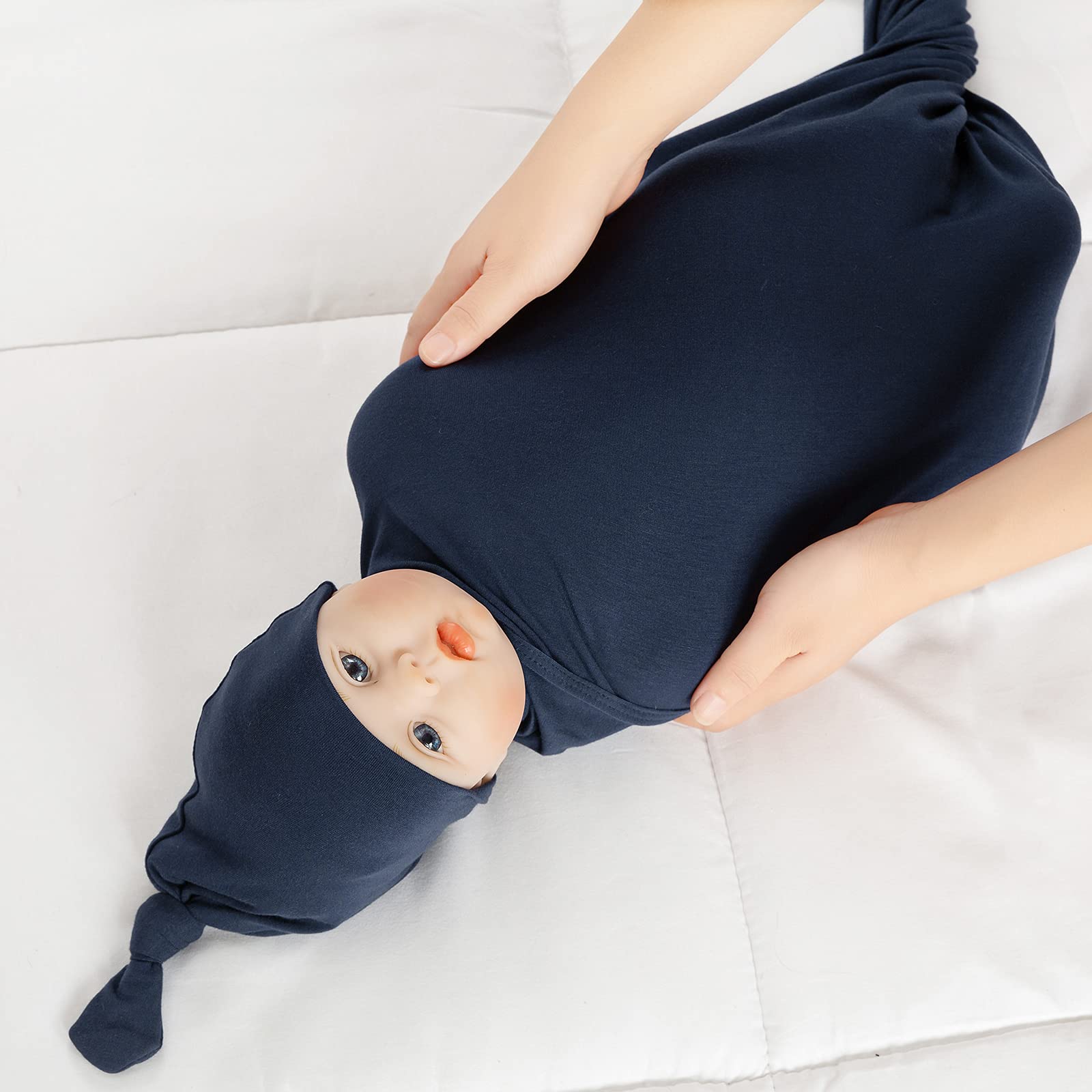 Bayceen Large Jersey Knitted Swaddle Blanket for Baby, Soft Stretchy Receiving Blanket for Newborns with Hat, Large 47 x 47 inches (Navy)
