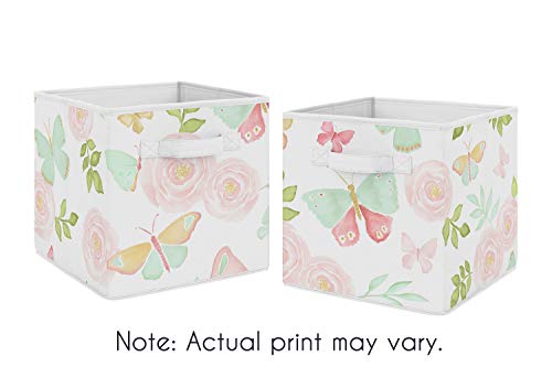 Sweet Jojo Designs Blush Pink, Mint and White Watercolor Rose Organizer Storage Bins for Butterfly Floral Collection - Set of 2