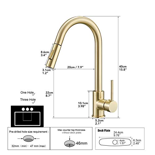 BESy Gold Single Handle Kitchen Sink Faucet with Pull Out Sprayer,Rv Kitchen Faucet with Pull Down Sprayer, 2 Function Laundry Faucet, Brass/Brushed Gold(1 or 3 Hole Mount)