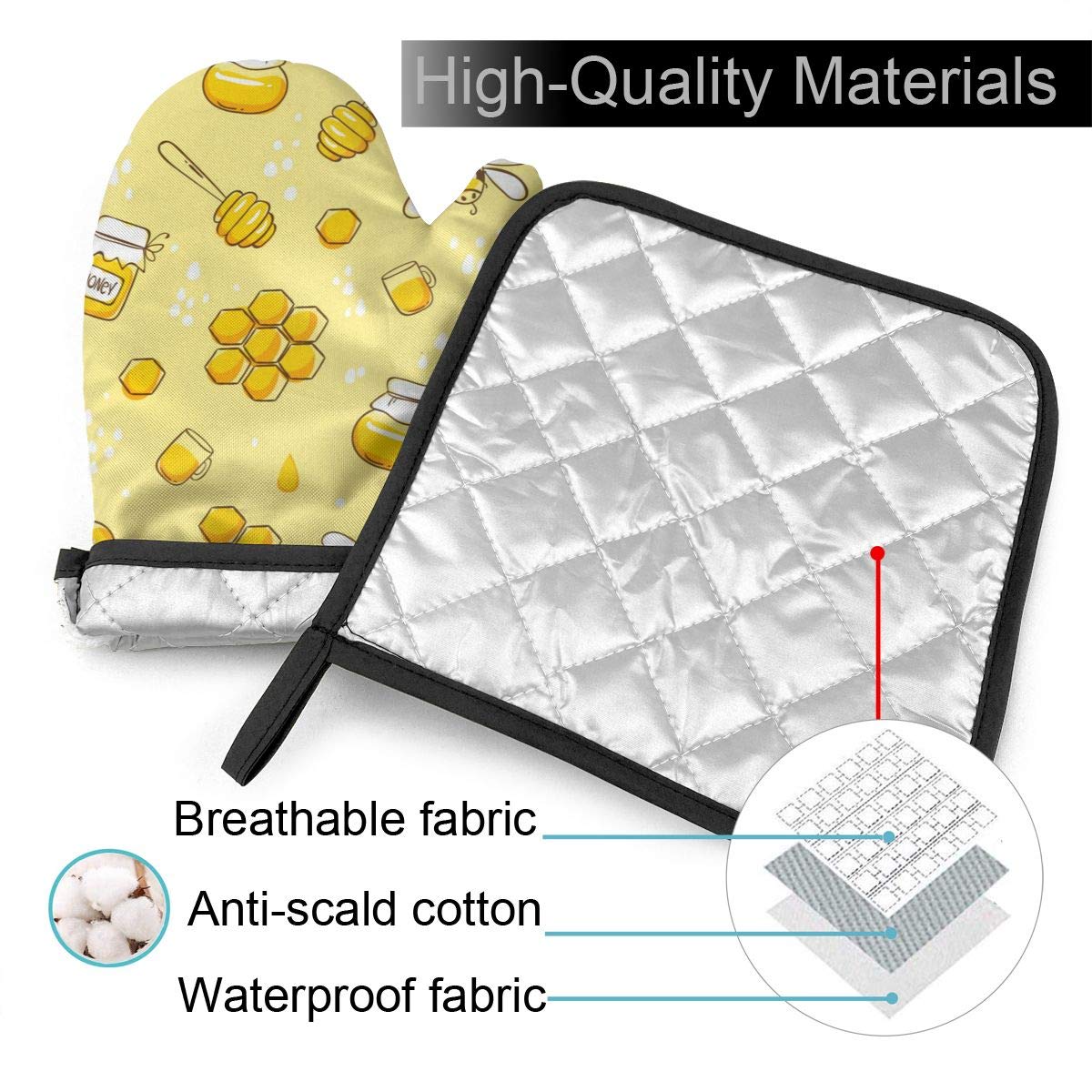 Bee Oven Mitts and Pot Holders Sets Heat Resistant Oven Gloves with Non-Slip Surface for Reusable for Baking BBQ Cooking