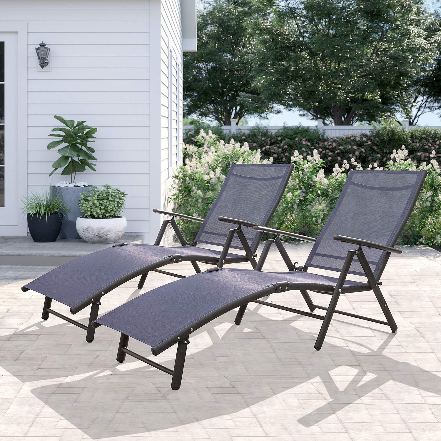 Devoko Patio Lounge Chairs Outdoor Chaise Lounge Beach Pool Side Folding Recliner Adjustable Lounge Chair Set of 2 (Blue)