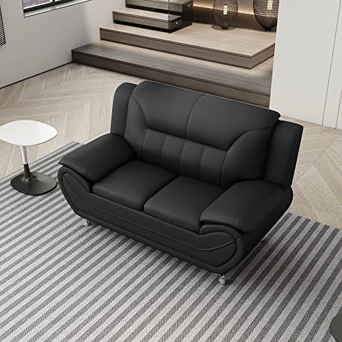 Container Furniture Direct Michael Modern Faux Leather Upholstered Stainless Steel Legs Living Room Loveseat, Black