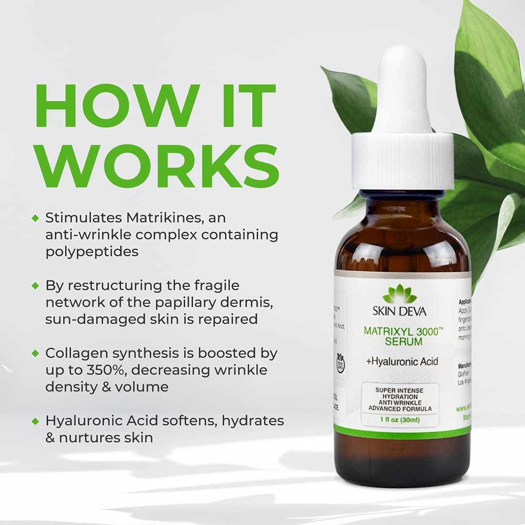 SKIN DEVA 1 fl oz Matrixyl 3000 with Hyaluronic Acid Serum Peptides Serum For Face Hydration with Hyaluronic Acid Stimulates Collagen Repair Mechanisms Lightweight Anti Aging Moisturizer
