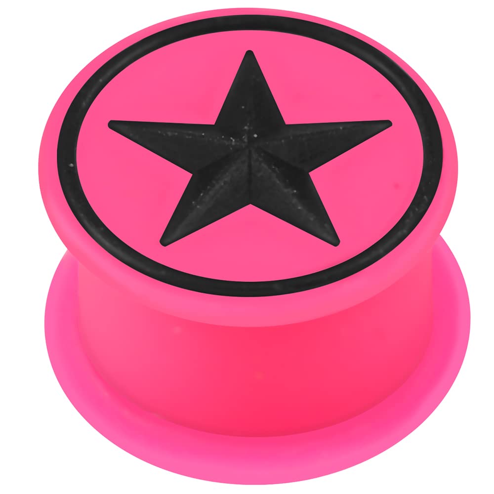 AtoZ Piercing 3/4 Inch - 20MM Embossed Black Star in Circle on Pink Soft And Flexible Silicone Double Flared Ear Plug - Sold by Piece
