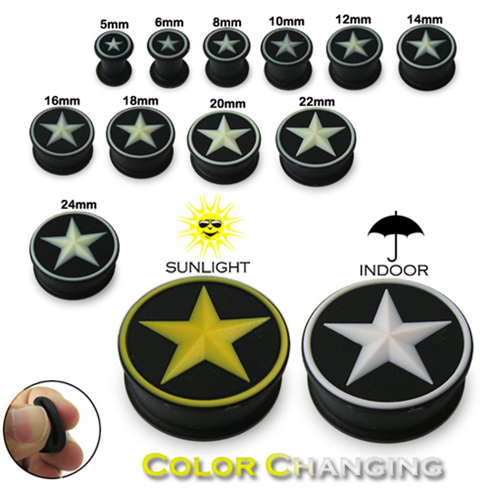 AtoZ Piercing 7/8 Inch - 22MM Black Silicone Color Changeable to Yellow Star Under Sunlight Tunnel Gauge Ear Plug - Sold by Piece