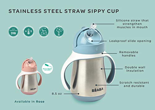 Beaba Stainless Steel Straw Sippy Cup, Sippy Cup with Removable Handles, Sippy Cup with Straw, 8+ months, 8.5 oz (Rain)
