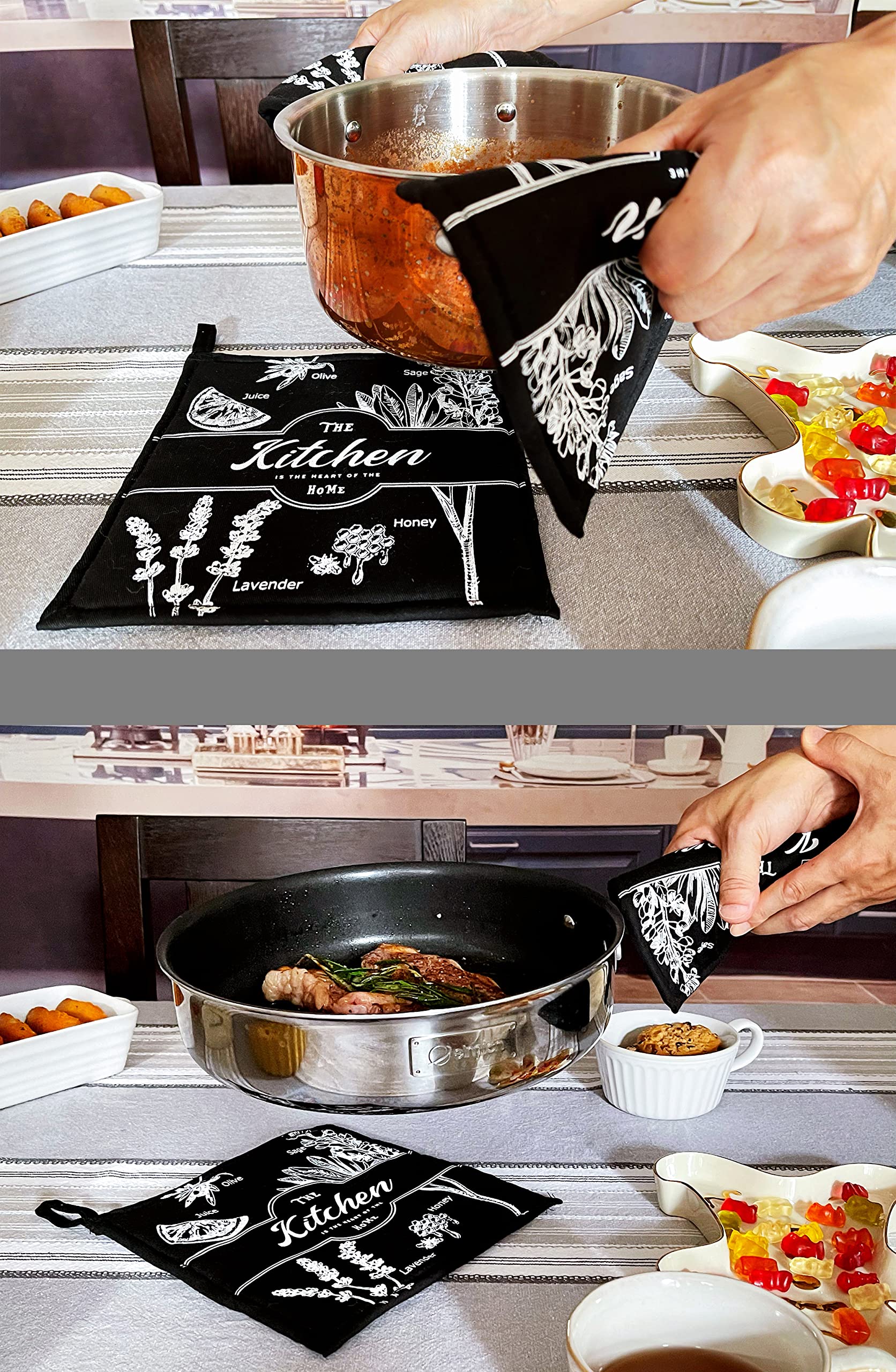 Black Oven Mitts Pot Holders 4-Pack Gift Set