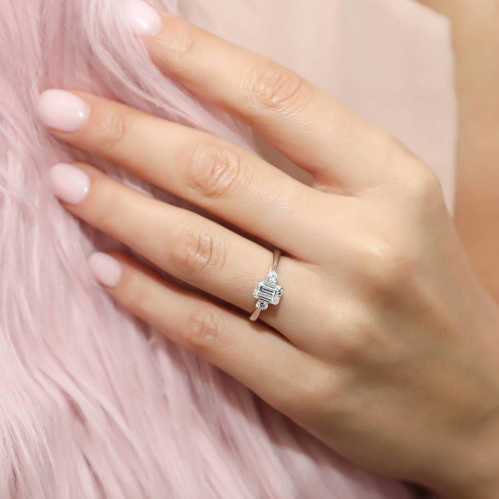 BERRICLE Sterling Silver 3-Stone Wedding Engagement Rings Emerald Cut Cubic Zirconia CZ Anniversary Promise Ring for Women, Rhodium Plated Size 6
