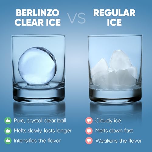 BERLINZO Premium Clear Ice Cube Maker - Whiskey Ice Ball Maker Mold Large 2 Inch - Crystal Clear Ice Maker Sphere - Clear Ice Ball Maker with Storage Bag