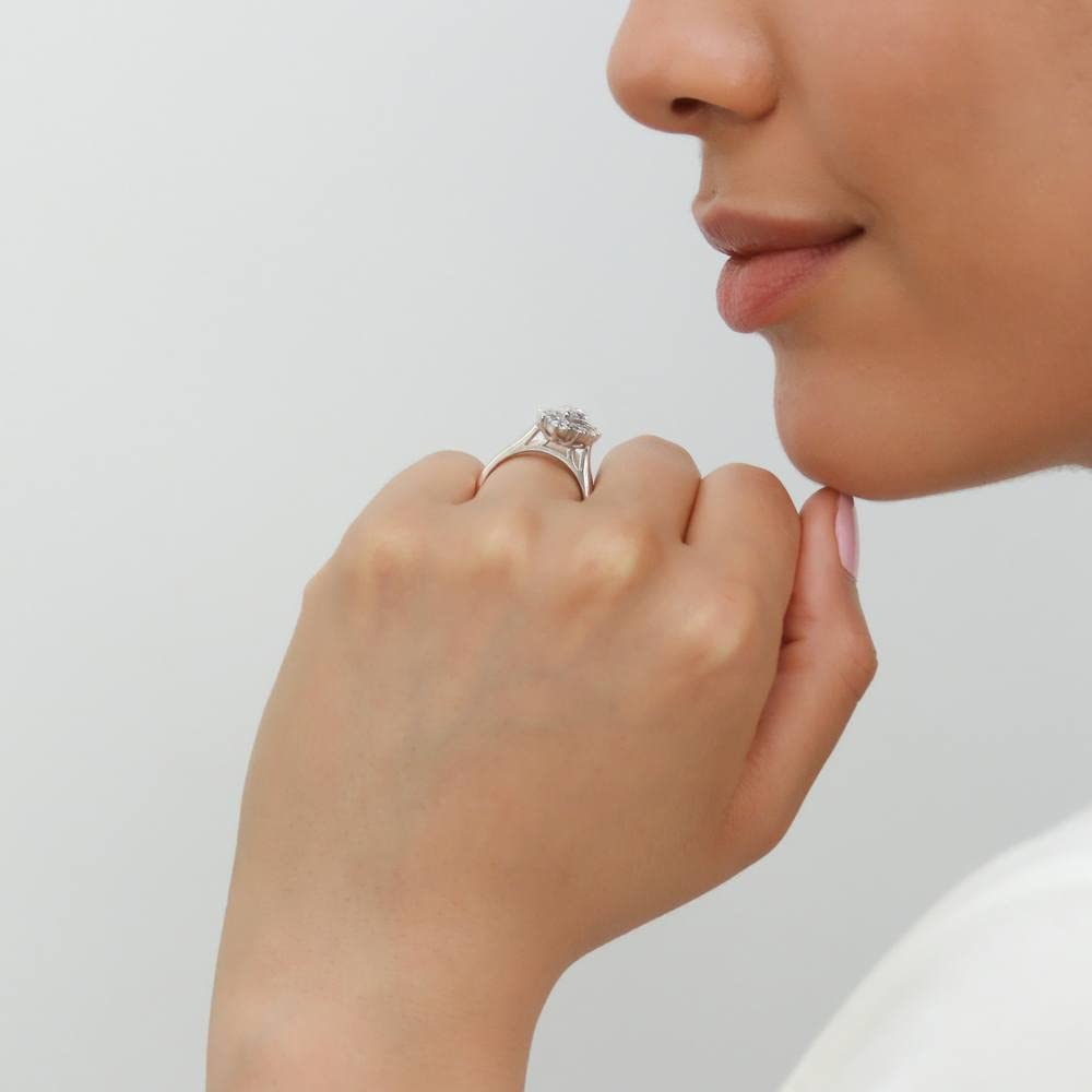 BERRICLE Sterling Silver Navette Wedding Engagement Rings Cubic Zirconia CZ Statement Halo Cocktail Ring for Women, Rhodium Plated Size 7