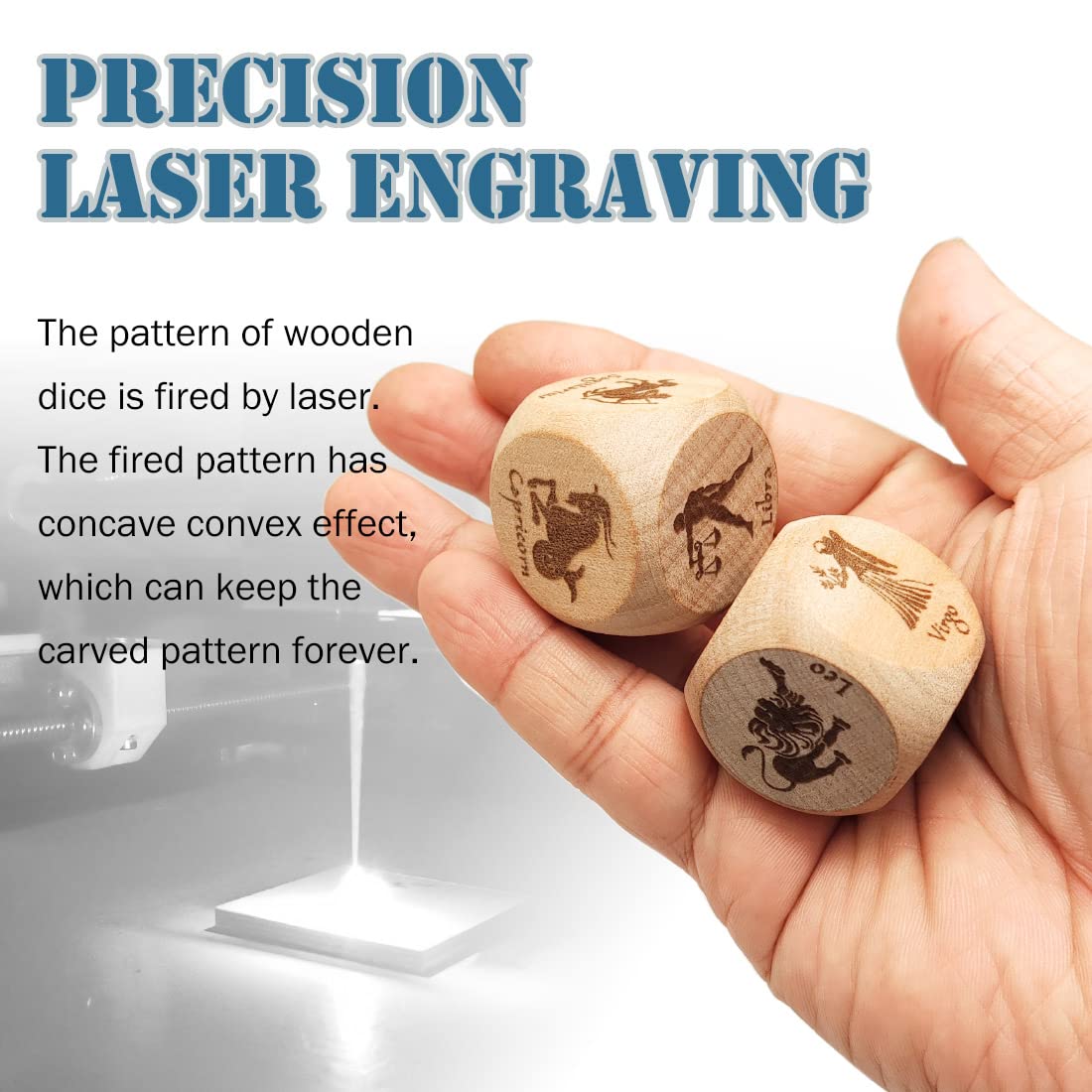 Hometu Creative 30MM Wooden Constellation Dice Set, Laser Engraved 6-Sided Wood Big Zodiac Dices for Constellation Divination Accessory (2Pcs/Set(1Pair), V1)