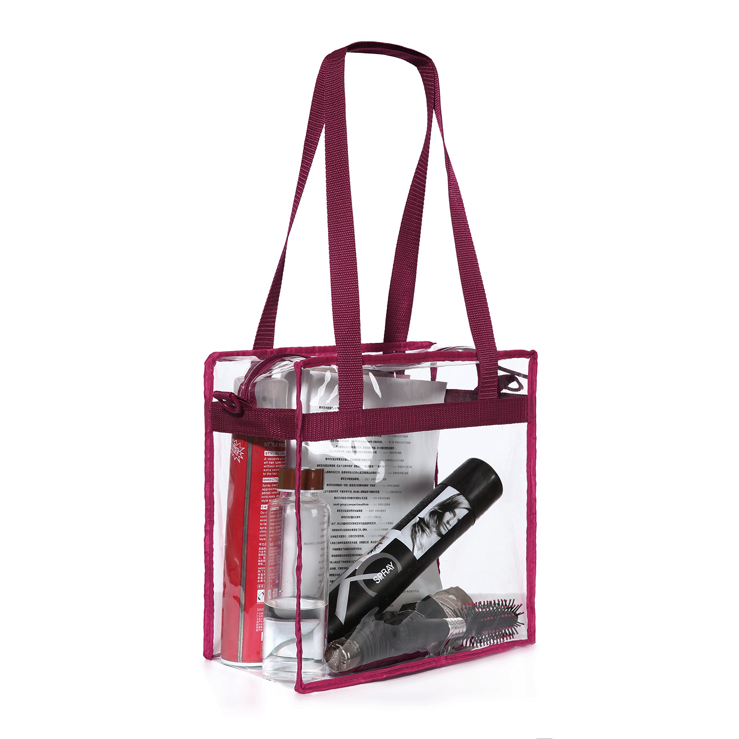 BAGAIL Clear bags Stadium Approved Clear Tote Bag with Zipper Closure Crossbody Messenger Shoulder Bag with Adjustable Strap(12 Inch X 12 Inch X 6 Inch,Burgundy)