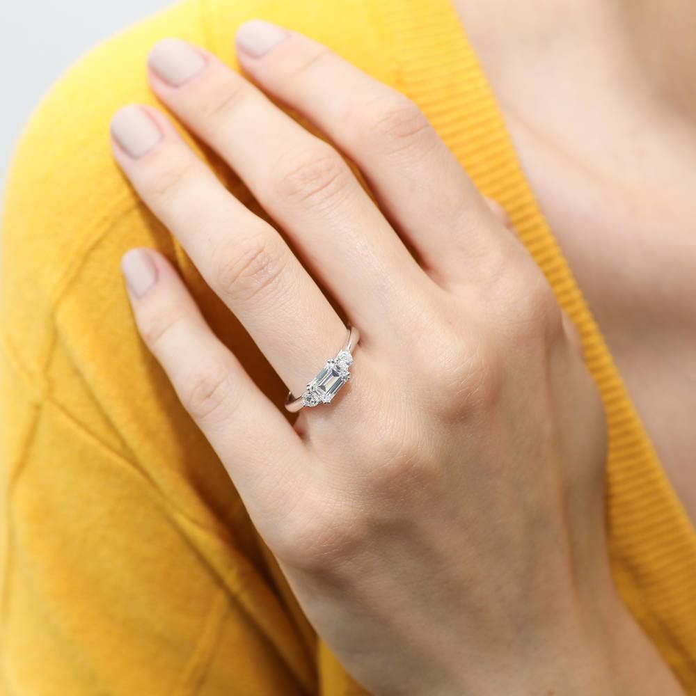 BERRICLE Sterling Silver 3-Stone Wedding Engagement Rings Emerald Cut Cubic Zirconia CZ East-West Ring Set for Women, Rhodium Plated Size 4.5