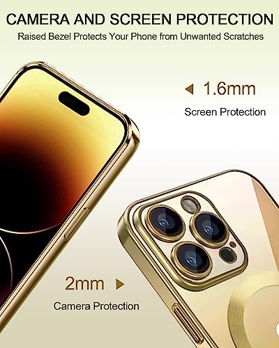 BOTOER Magnetic Matallic Glossy Designed for iPhone 14 Pro Phone Case with Full Camera Protection [Compatible with MagSafe] for Women Girls Phone Case (6.1")-Gold