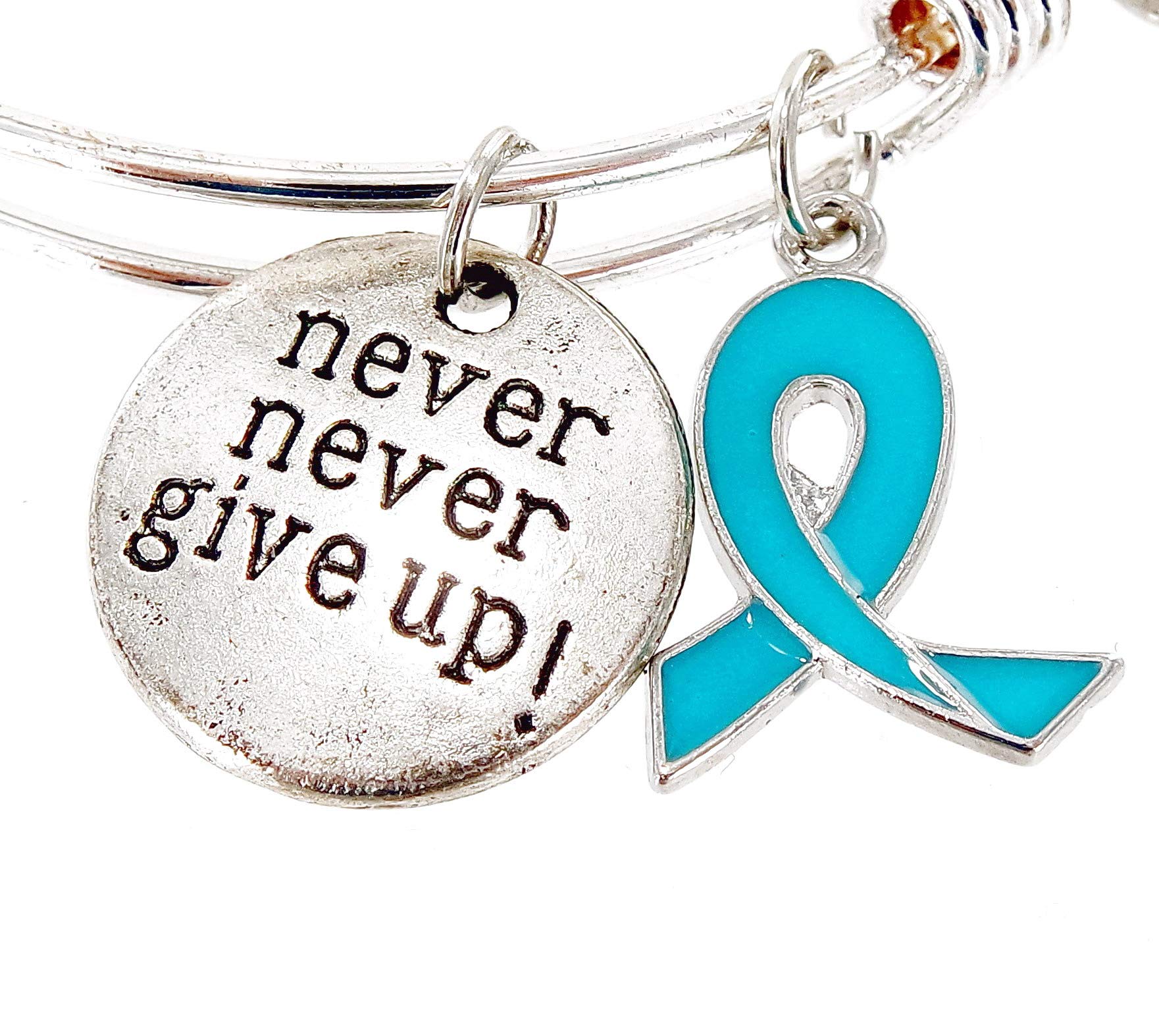 Awareness Bangles For Women - Ovarian Cancer Awareness Bracelets Charm Bangle - Teal Turquoise Ribbon Positive Inspirational Message Charm Bangle 1 pc