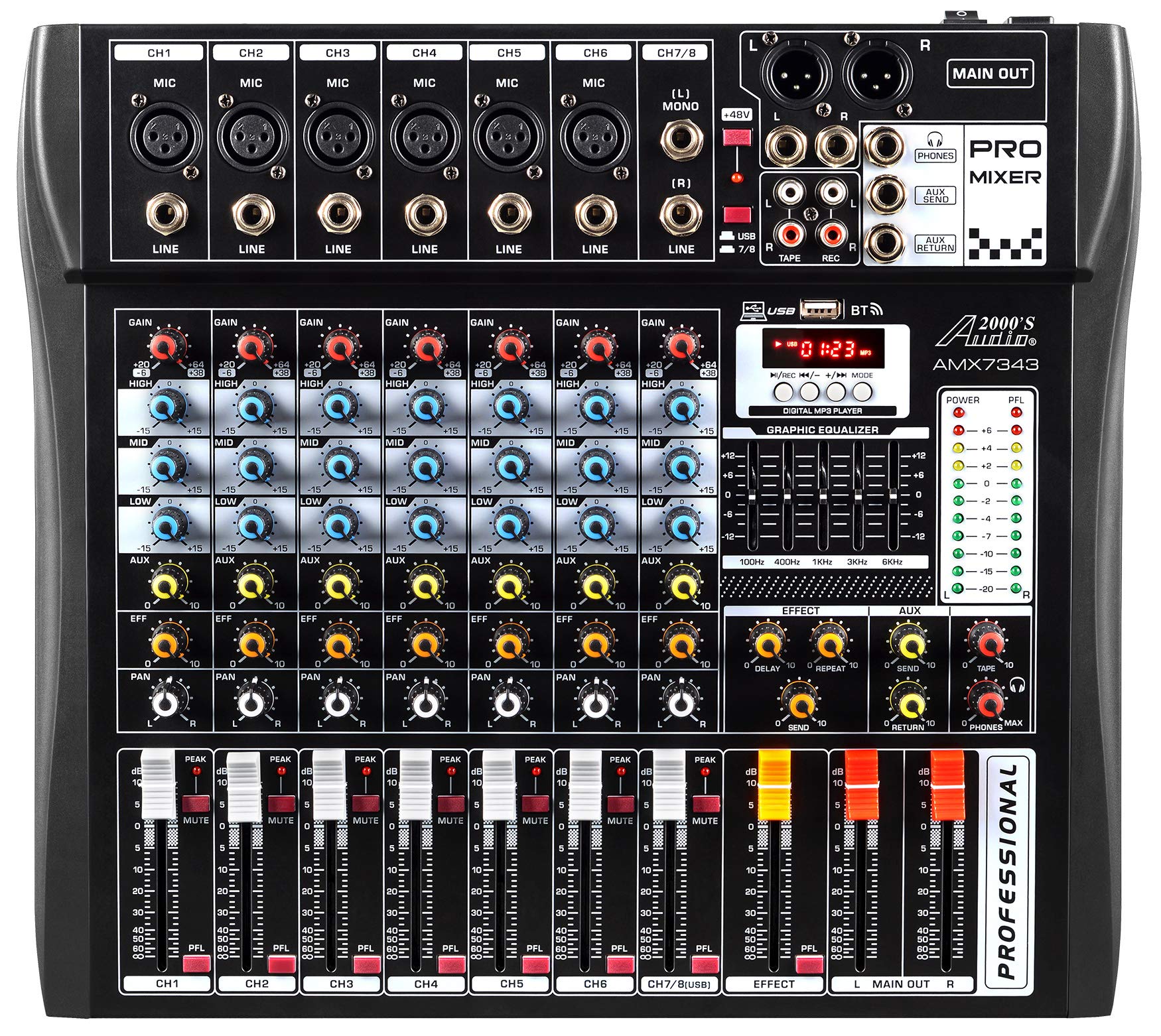 Audio2000'S AMX7343 Eight-Channel Audio Mixer with USB Interface and Sound Effect