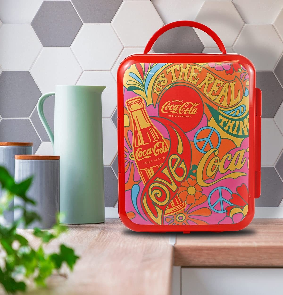 Coca-Cola Peace 1971 Series Portable 6 Can Thermoelectric Mini Fridge Cooler/Warmer, 4 L/4.2 Quarts Capacity, 12V DC/110V AC for home, dorm, car, beverages, skincare, cosmetics, medication