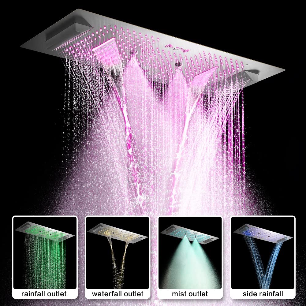 Cascada Luxury 16”x36” Music LED Shower Head with built-in Bluetooth Speakers, 4 functions (Rainfall, Waterfall, Mist Outlet & Side Rainfall) & Remote Control 64 Color Lights (Polished Gold)