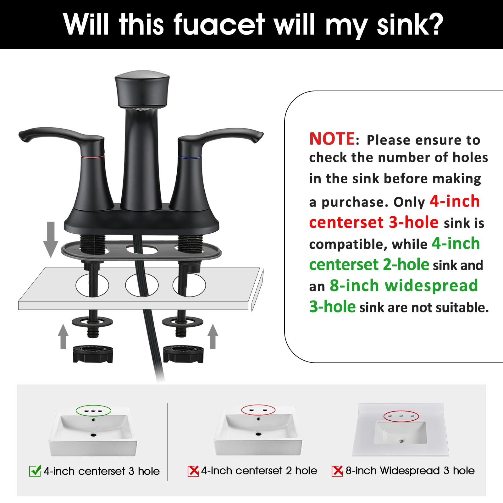 Besfelos Bathroom Faucet with Pull Out Sprayer, 4 Inch Centerset 3 Hole Faucet Utility Sink Faucet, 2 Handle Pull Out Faucet for Bathroom, Utility Sink or Laundry Tub, Matte Black