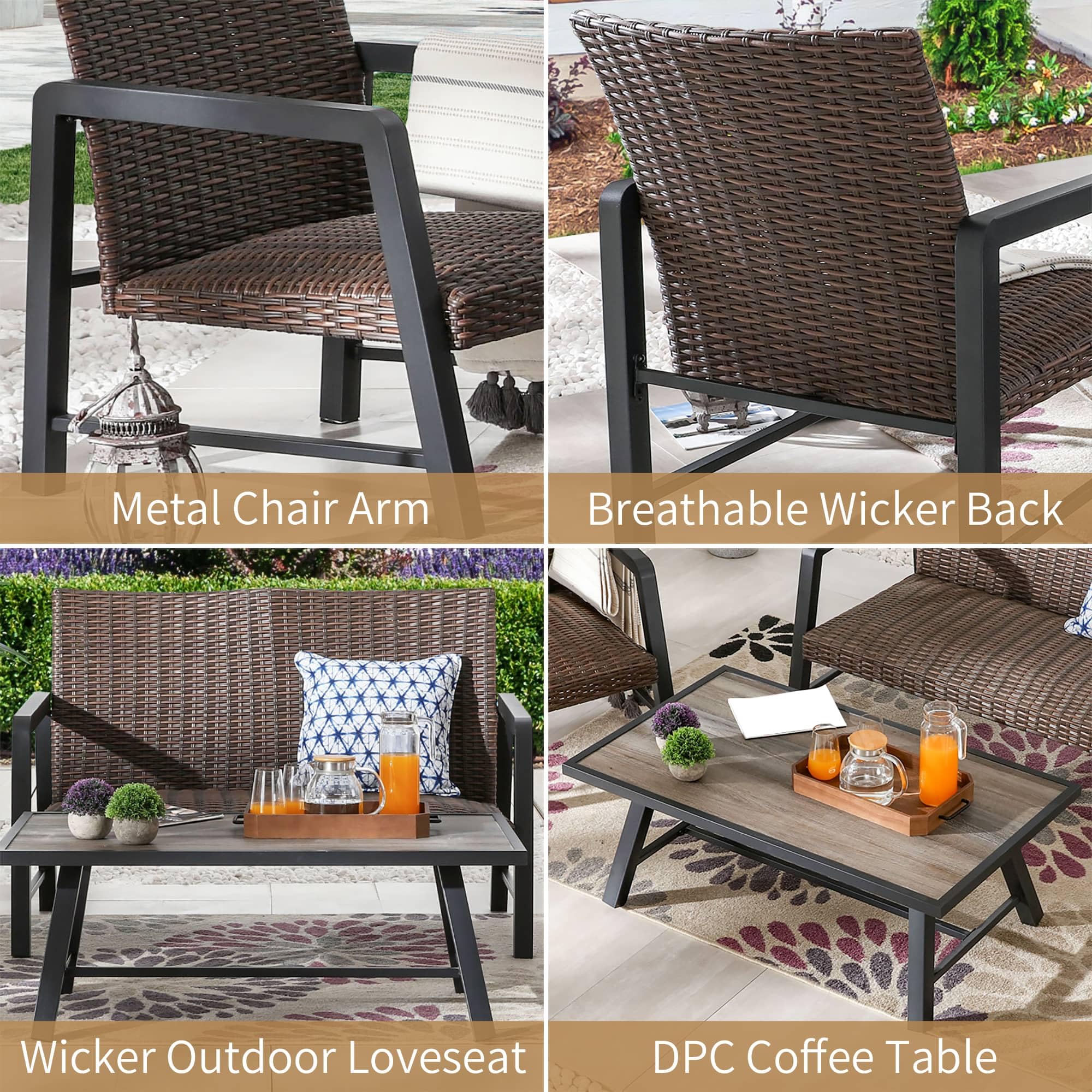 PatioFestival Patio Conversation Set 4Pcs Wicker Outdoor Furniture Sets with Quick-Drying Internal Cushion All Weather Frame
