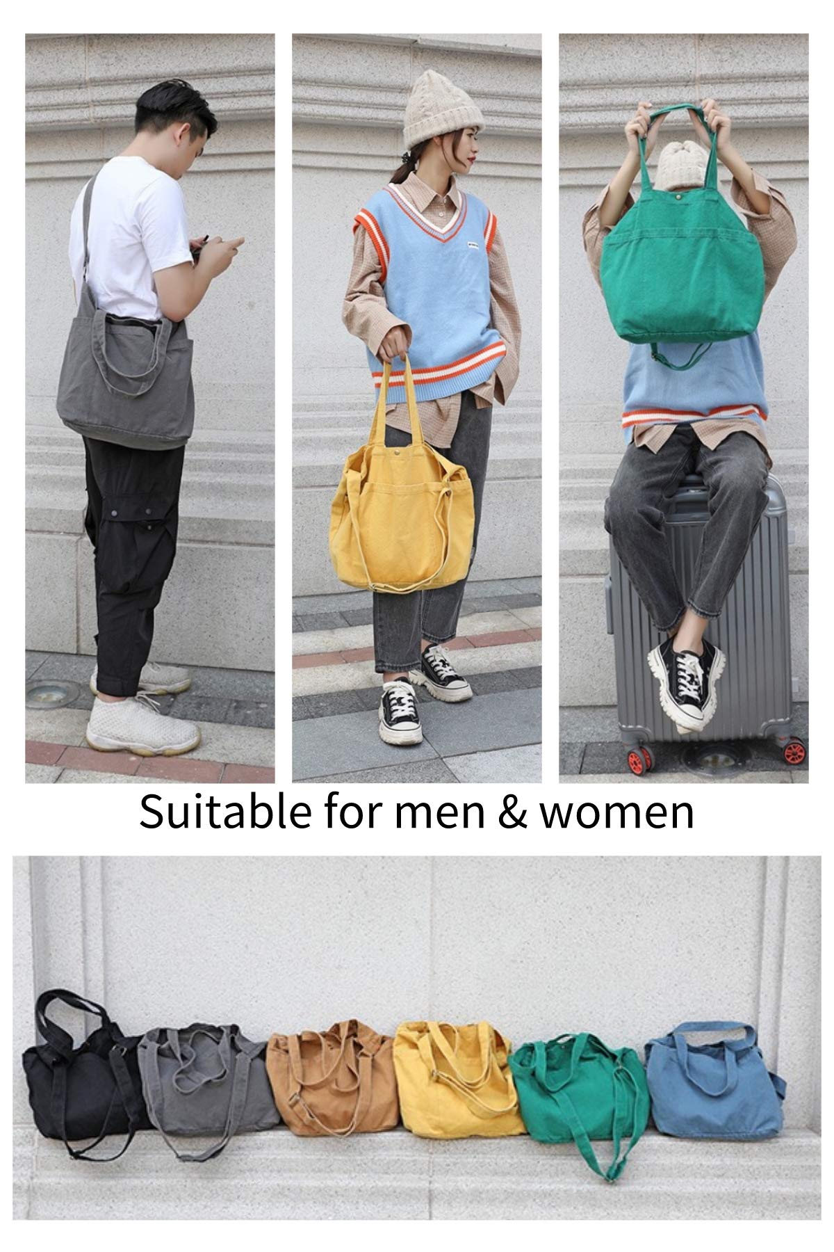 Jeelow Washed Canvas Tote Handbag Shoulder Bag Purse Crossbody With Pockets For Men & Women