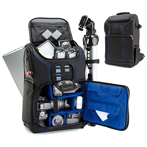 USA GEAR DSLR Camera Backpack Case - 15.6 inch Laptop Compartment, Padded Custom Dividers, Tripod Holder, Rain Cover, Long-Lasting Durability and Storage Pockets - Compatible with Many DSLRs (Blue)