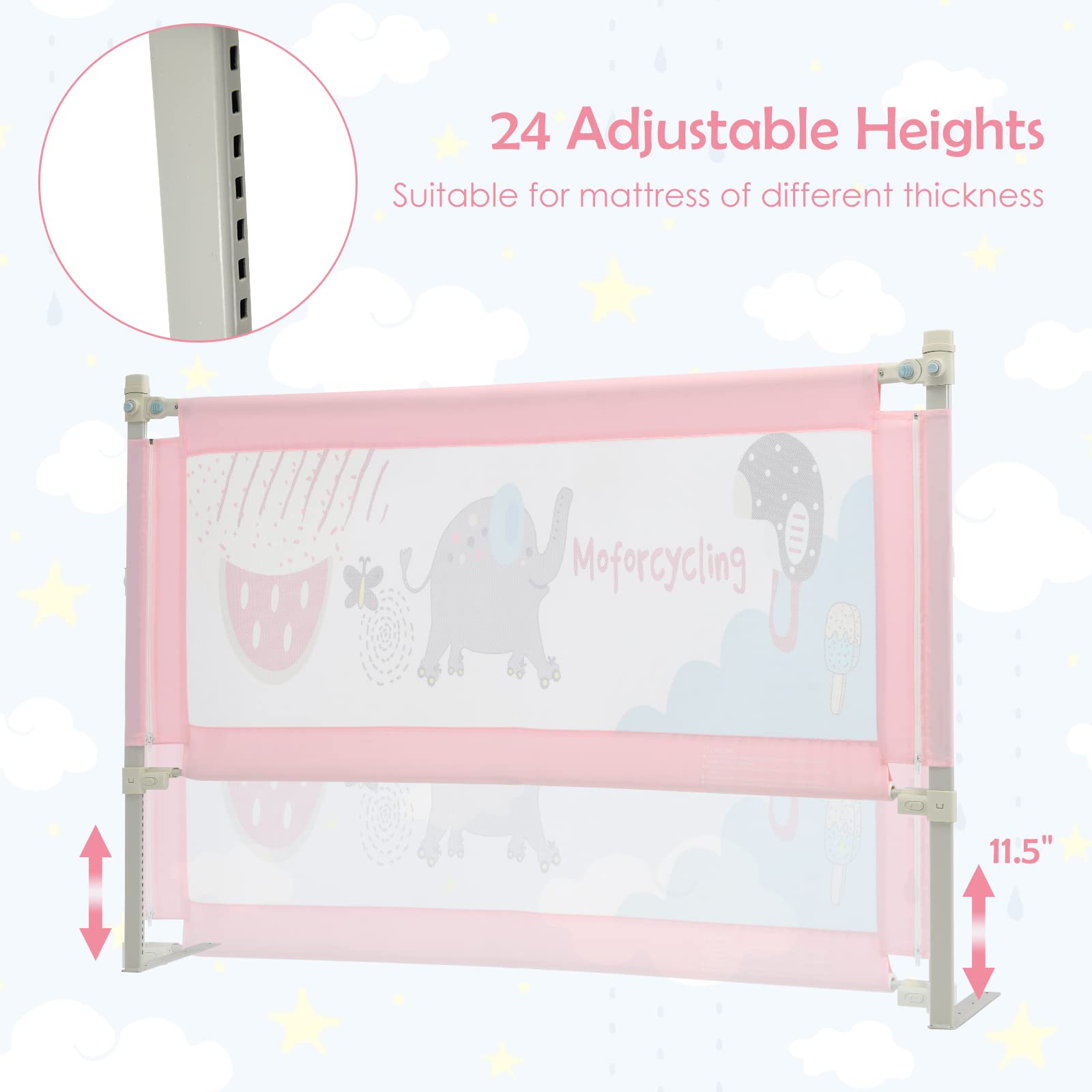 BABY JOY Bed Rail for Toddlers, 57ββ Extra Long, Height Adjustable & Foldable Baby Bed Rail Guard w/Breathable Mesh & Double Safety Child Lock for Kids Twin Double Full Size Queen King Mattress, Pink