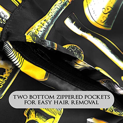 Betty Dain Vintage Barber Apron, Lightweight, Water-Resistant Crinkle Nylon Fabric, 2 Chest Pockets, 2 Bottom Pockets with Zippers, Adjustable Neck Closure, Gold/Black