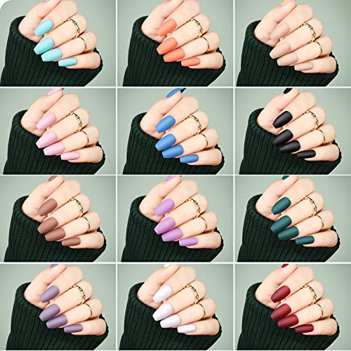 Coffin Shape Press On Nails Set, Teenitor 24 Packs 576PCS Matte Short Coffin Glue On Nails Medium Length, 12 Colors Coffin , 12 Colors Glossy Press On Coffin Nails, Reusable, Nail Adhesive Tabs, Nail Stickers Rhinestone