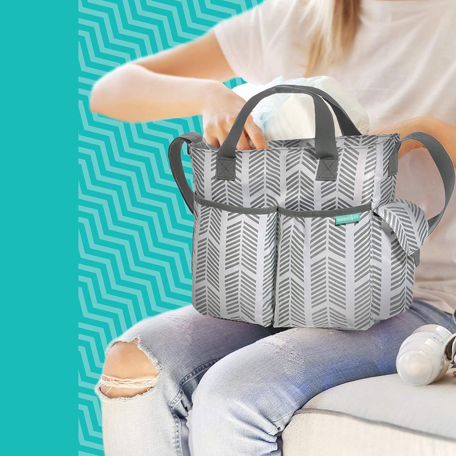 Diaper Bag/Breast Pump Tote Bag - Stylish Arrows, Functional Baby Stroller Organizer - Adjustable Stroller Strap - Eight Total Pockets - Easy to Clean - BONUS: Changing Pad
