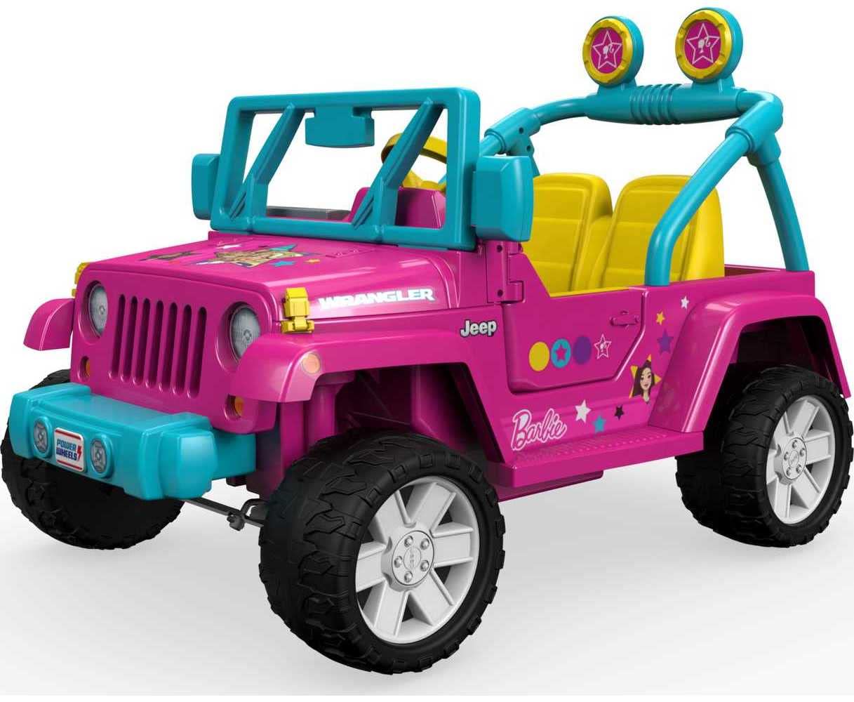 Fisher-Price Power Wheels Battery Powered Barbie Jeep Wrangler Car with Steering Wheel, Music Playing Radio, Roll Bar, and Power Lock Brakes